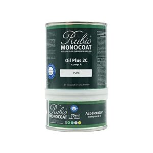 rubio monocoat oil plus 2c, 350 milliliters, pure, interior wood stain and finish, food safe, easy one-coat, linseed oil, plant based, voc/solvent free, furniture & flooring hardwax oil