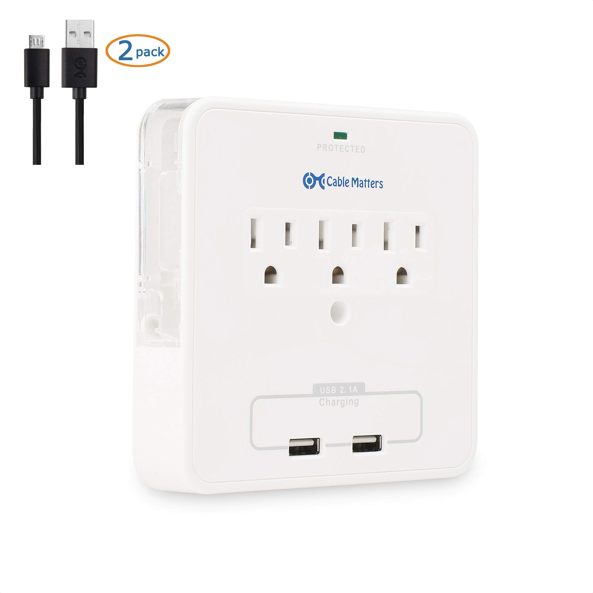 Cable Matters 3-Outlet Wall Mount Surge Protector with USB Charging and Slide-Out Smartphone Holders