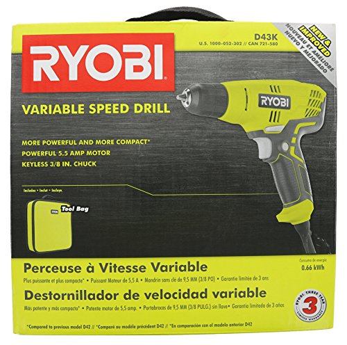 Ryobi D43K 5.5 Amp 3/8 Inch 1,600 RPM Variable Speed Trigger Corded Power Drill