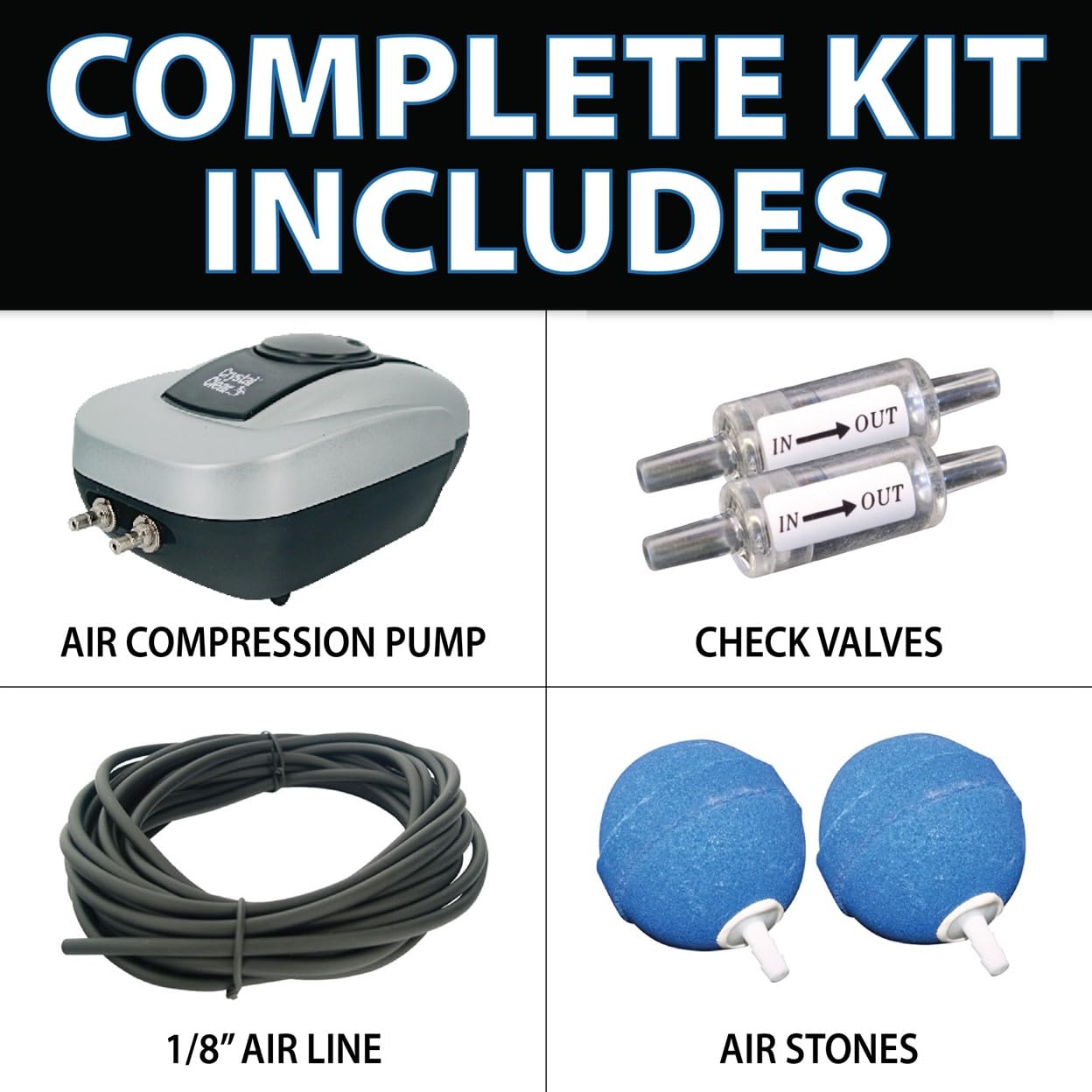 CrystalClear PondAir 2, Complete Aeration Kit, Whisper Quiet Water Garden Oxygenation Bubbler System Adds Oxygen to Koi & Fish Ponds, Outdoor Aerator Compressor Pump, Tubing & 2 Air Submersible Stones