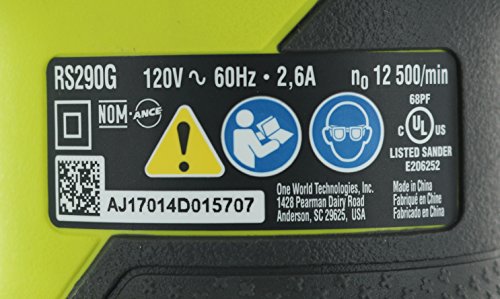 Ryobi RS290G 2.6 Amp 12,500 OPM Single Speed 5 Inch Hook and Loop Corded Random Orbit Sander w/ 3 Pads and Dust Bag