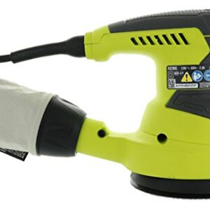 Ryobi RS290G 2.6 Amp 12,500 OPM Single Speed 5 Inch Hook and Loop Corded Random Orbit Sander w/ 3 Pads and Dust Bag