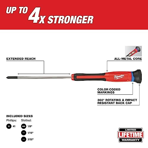 Milwaukee 48-22-2604 4-Piece Precision Screwdriver Set with 360 Degree Rotating Back Caps and Color Coded Identification Markings