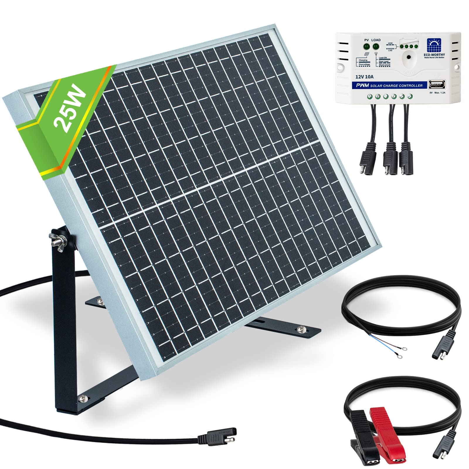 ECO-WORTHY 25 Watts 12V Off Grid Solar Panel Kit Solar Battery Trickle Charger Maintainer: Waterproof 25W Solar Panel + SAE Connection Cable+10A Charge Controller for Car RV Marine Boat