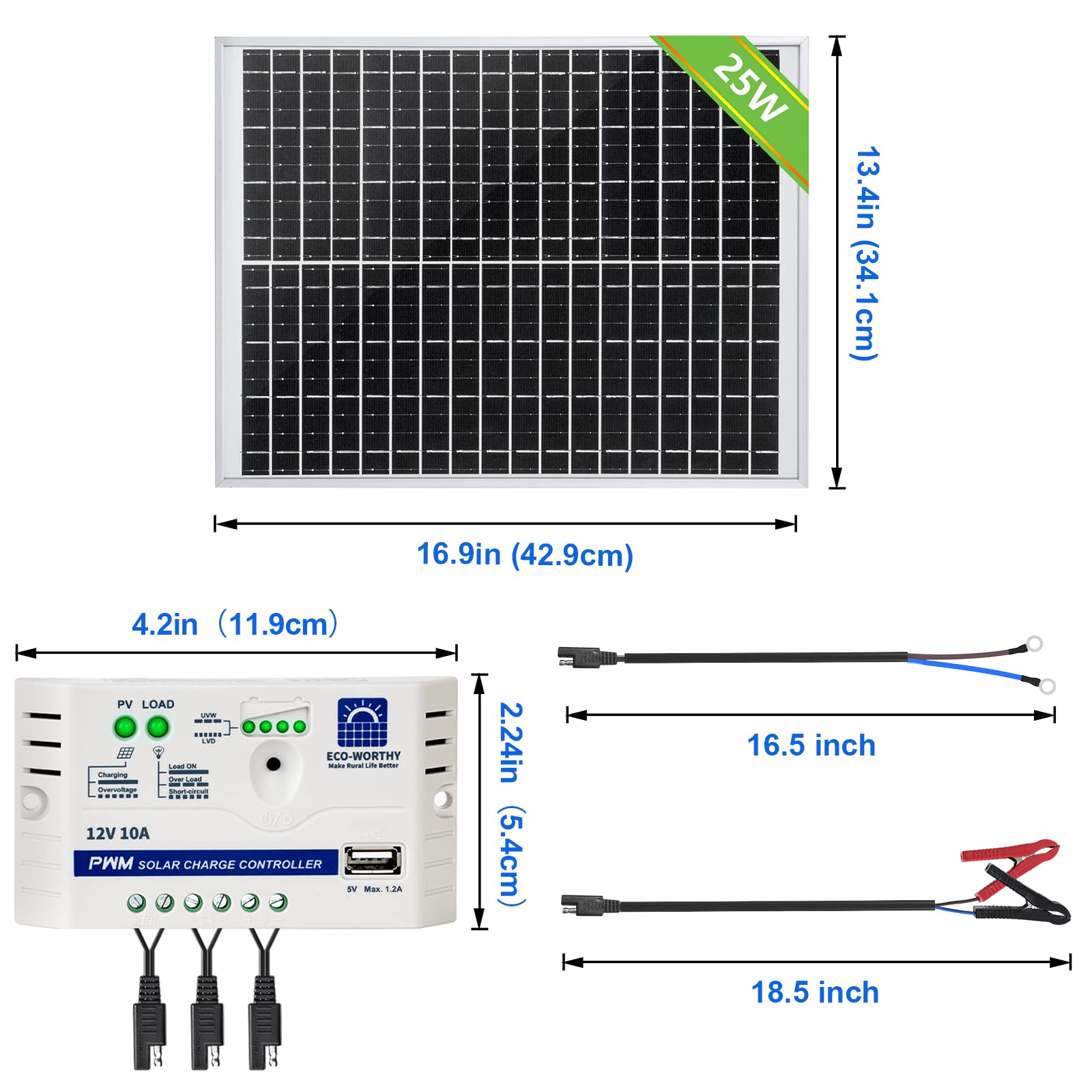 ECO-WORTHY 25 Watts 12V Off Grid Solar Panel Kit Solar Battery Trickle Charger Maintainer: Waterproof 25W Solar Panel + SAE Connection Cable+10A Charge Controller for Car RV Marine Boat