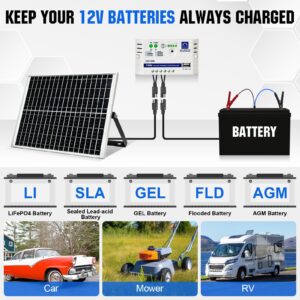 ECO-WORTHY 25 Watts 12V Off Grid Solar Panel Kit Solar Battery Trickle Charger Maintainer: Waterproof 25W Solar Panel + SAE Connection Cable+10A Charge Controller for Car RV Marine Boat