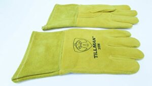 john tillman medium 12" gold premium heavyweight reverse deerskin cottonfoam lined mig welders gloves with 4" cuff and kevlar thread locking stitch (til35m)