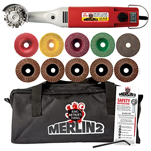 King Arthur's Tools Premium Carving Set – MERLIN2 Handheld Variable Speed Mini Angle Grinder Power Tool with 11 Accessories – For Woodworking, Cutting, Sanding, Grinding, Carving, Engraving # 10025