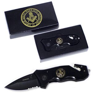 tg,llc treasure gurus freemason folding black pocket knife w/seat belt/rope cutter