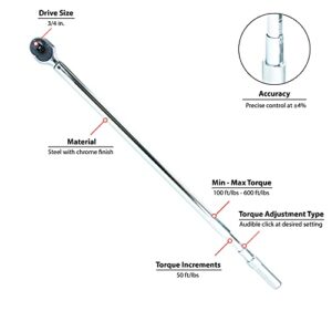 Performance Tool M204 3/4-Inch Drive Torque Wrench with LH/RH Thread Torque Capabilities - 100 to 600 ft/lbs of torque