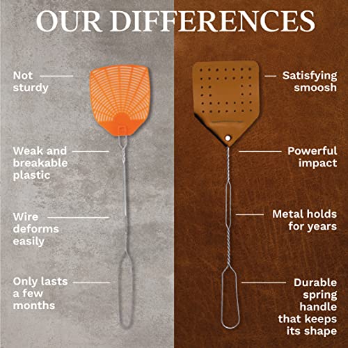 Hope Woodworking Leather Fly Swatter Set (1 Pack) – 17” Amish-Made Fly Swat w/Real Leather Paddle – Fly Swatters Multi Pack w/Metal Handle – Bug Swatter, Mosquito Swatter, Wasp Swatter (Brown)