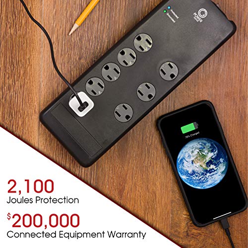 Power Gear 8 Outlet Power Strip Surge Protector, 7 Ft Extension Cord, 2100 Joules, Twist-to-Close Safety Outlet Covers, 3 Adapter-Spaced Outlets, On/Off Switch, Automatic Shutdown, Black, 12996