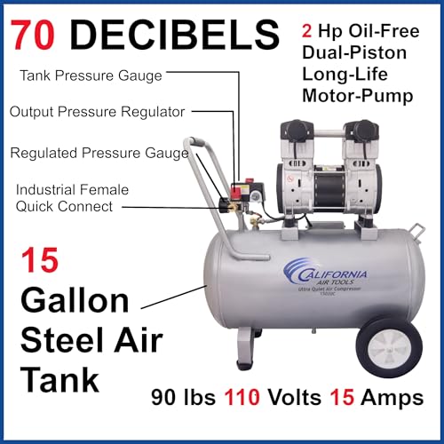 California Air Tools 15020C Ultra Quiet & Oil-Free 2.0 Hp 15.0 gallon Steel Tank Air Compressor