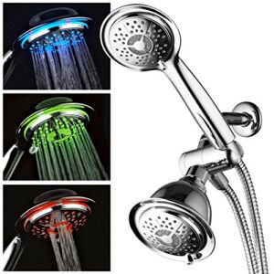 Dream Spa All Chrome 3-way LED Shower Head Combo with Air Jet LED Turbo Pressure-Boost Nozzle Technology. Color of LED lights changes automatically according to water temperature