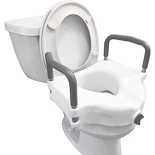 Cardinal Health ProBasics Raised Toilet Seat with Lock and Arms, 350 lb Weight Capacity.