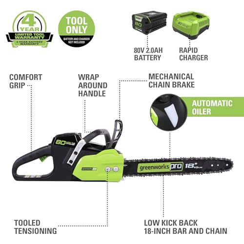 Greenworks 80V 18" Brushless Cordless Chainsaw (Great For Tree Felling, Limbing, Pruning, and Firewood) / 75+ Compatible Tools), 2.0Ah Battery and Rapid Charger Included