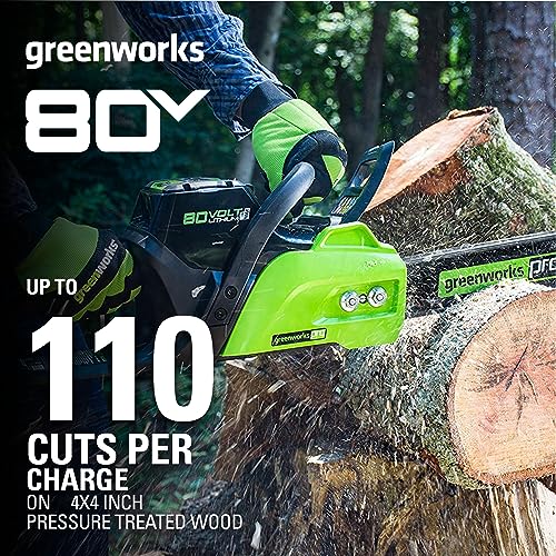 Greenworks 80V 18" Brushless Cordless Chainsaw (Great For Tree Felling, Limbing, Pruning, and Firewood) / 75+ Compatible Tools), 2.0Ah Battery and Rapid Charger Included