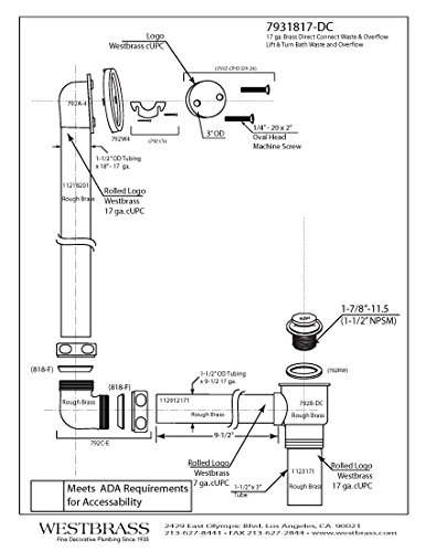 Westbrass 7931817-DC-12 18" Tip-Toe Drain Trim with 2-Hole Overflow Faceplate & Direct Connect Shoe Outlet, Oil Rubbed Bronze