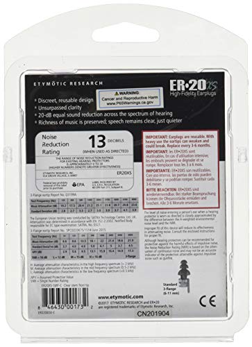 Etymotic Research ER20XS High-Fidelity Earplugs (Concerts, Musicians, Airplanes, Motorcycles, Sensitivity and Universal Hearing Protection) - Standard, Clear Stem/Frost Tips (4 Piece Set)