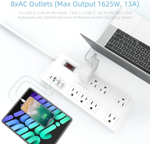 BESTEK 8 AC Outlet, 5 Feet Extension Cord Power Strip with 3 USB-A 2.4A 1USB-C 3A, MAX Output 1625W 13A, 600Joule, Ultra-Compact Wide Spaced Outlet for Large Plug