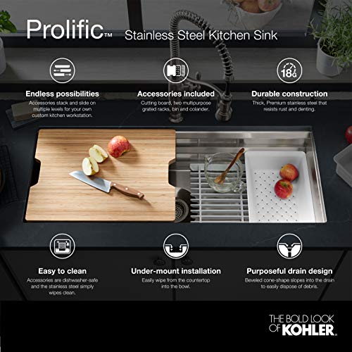 KOHLER 5540-NA Prolific 33 Inch Workstation Stainless Steel Single Bowl Kitchen Sink with Included Accessories, Undermount Installation, Stainless Steel