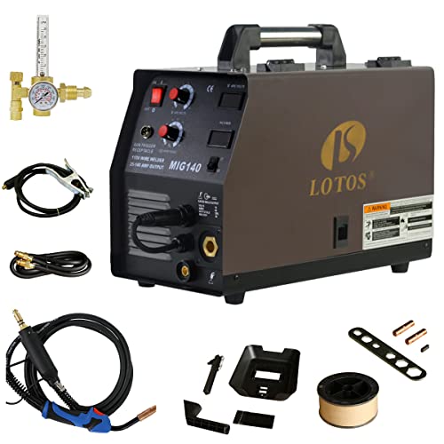 LOTOS MIG Welder Flux Core & Aluminum Gas Shielded Wire Welder with Argon Regulator, Standard MIG Gun, Brown (MIG140 120V)