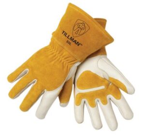 tillman medium 14" pearl top grain side split cowhide fleece lined premium grade mig welders gloves with gauntlet cuff, seamless index finger and elastic back (carded)