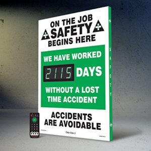 Accuform SCK115 Aluminum Digi-Day Electronic Scoreboard, "ON THE JOB SAFETY BEGINS HERE - WE HAVE WORKED #### DAYS WITHOUT A LOST TIME ACCIDENT - ACCIDENTS ARE AVOIDABLE"