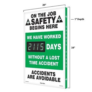 Accuform SCK115 Aluminum Digi-Day Electronic Scoreboard, "ON THE JOB SAFETY BEGINS HERE - WE HAVE WORKED #### DAYS WITHOUT A LOST TIME ACCIDENT - ACCIDENTS ARE AVOIDABLE"