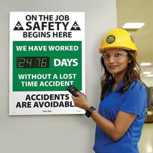 Accuform SCK115 Aluminum Digi-Day Electronic Scoreboard, "ON THE JOB SAFETY BEGINS HERE - WE HAVE WORKED #### DAYS WITHOUT A LOST TIME ACCIDENT - ACCIDENTS ARE AVOIDABLE"