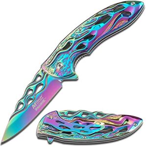 mt-a822rb rainbow finish nrtstaqhs spring assisted 8ktq1y opening knife with flaming handle ajuiioptr 4567fffg 567ybghjk mtech ballistic assisted opening knifespring assisted opening knife4.75" closed length3.25" rainbow stainless steel blade3mm thick rai