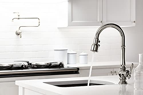 KOHLER Artifacts Single-hole kitchen sink faucet with 16" pull-down spout and turned lever handle, DockNetik magnetic docking system, and 3-function sprayhead featuring Sweep and BerrySoft spray