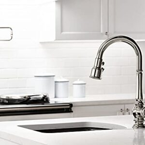 KOHLER Artifacts Single-hole kitchen sink faucet with 16" pull-down spout and turned lever handle, DockNetik magnetic docking system, and 3-function sprayhead featuring Sweep and BerrySoft spray