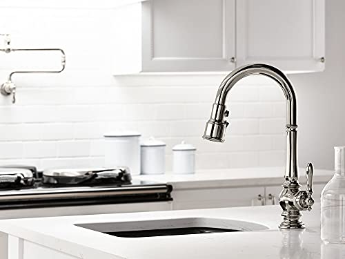 KOHLER Artifacts Single-hole kitchen sink faucet with 16" pull-down spout and turned lever handle, DockNetik magnetic docking system, and 3-function sprayhead featuring Sweep and BerrySoft spray