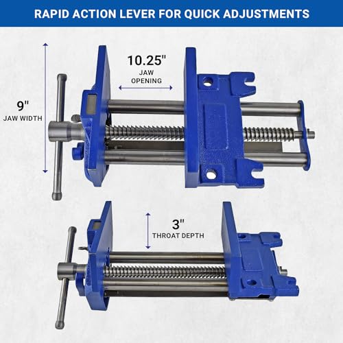 Yost Vises M9WW Rapid Action Woodworking Vise | Quick Release Lever for Quick Adjustments | 9 Inch Jaw Width | Made with Heavy-Duty Cast Iron | Blue