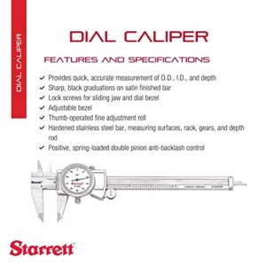 Starrett Dial Caliper with Adjustable Bezel and Fitted Case - White Face, 0-6" Range, -0.001" Accuracy, 001" Graduations - 3202-6