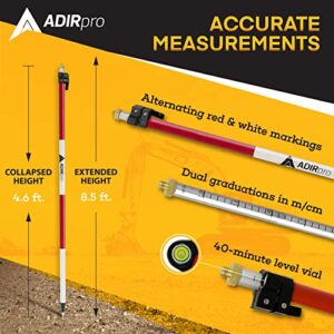 AdirPro Aluminum Prism Pole - Telescopic 8.5’ (2.5m) - Adjustable Tip – Quick Release Clamp - Metric Graduation - Strong & Lightweight GPS Pole - for Use with Prisms, Rover Rod - GNSS Instruments