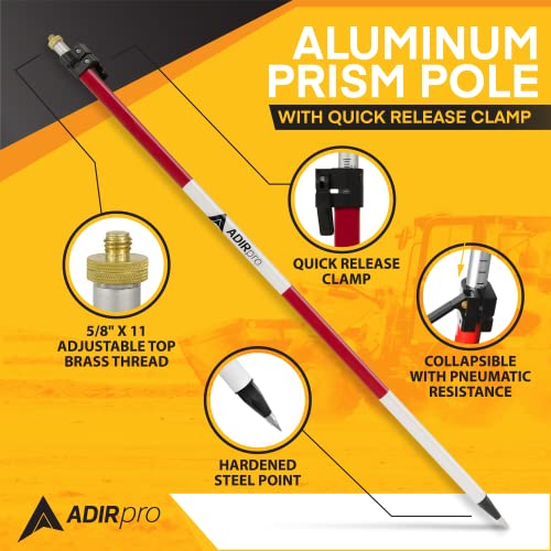 AdirPro Aluminum Prism Pole - Telescopic 8.5’ (2.5m) - Adjustable Tip – Quick Release Clamp - Metric Graduation - Strong & Lightweight GPS Pole - for Use with Prisms, Rover Rod - GNSS Instruments