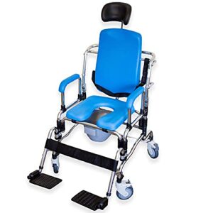 laguna professional reclining shower chair with wheels, institutional quality adjustable tilting commode seat for shower and bathtub for elderly, seniors, and disabled, padded seat, back, armrests