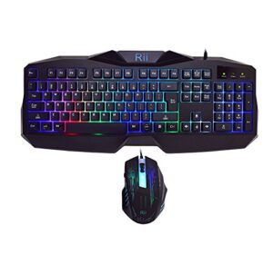 rii gaming keyboard and mouse combo,led rainbow backlit usb wired computer keyboard 104 key,spill-resistant design,ergonomic wrist rest keyboard mouse set for windows pc gamer. black