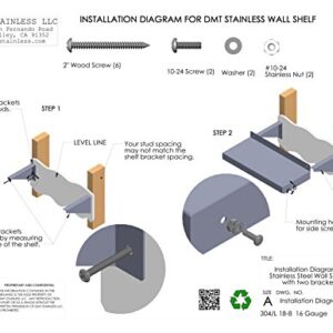 DMT Stainless Wall Shelf 36" X 6" Deep. Made in USA. 16 Gauge 304/L Stainless Steel.