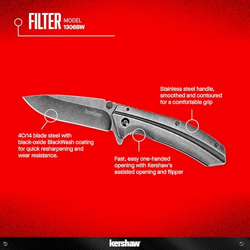 Kershaw Filter Pocket Knife, 3.25” Steel Blade with Assisted Opening, Stainless Steel Handle with Deep-Carry Reversible Pocketclip, Small Folding Knife