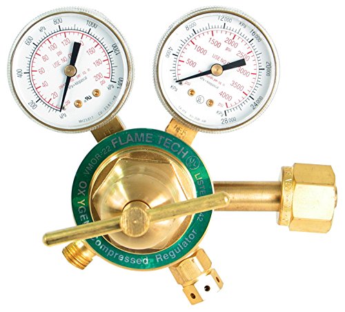 Flame Tech Medium Duty Oxygen Regulator, Easy to Read Dual Scale, Forged Brass Body and Bonnet, OEM Compatible Welding Gas Regulator, Victor Compatible