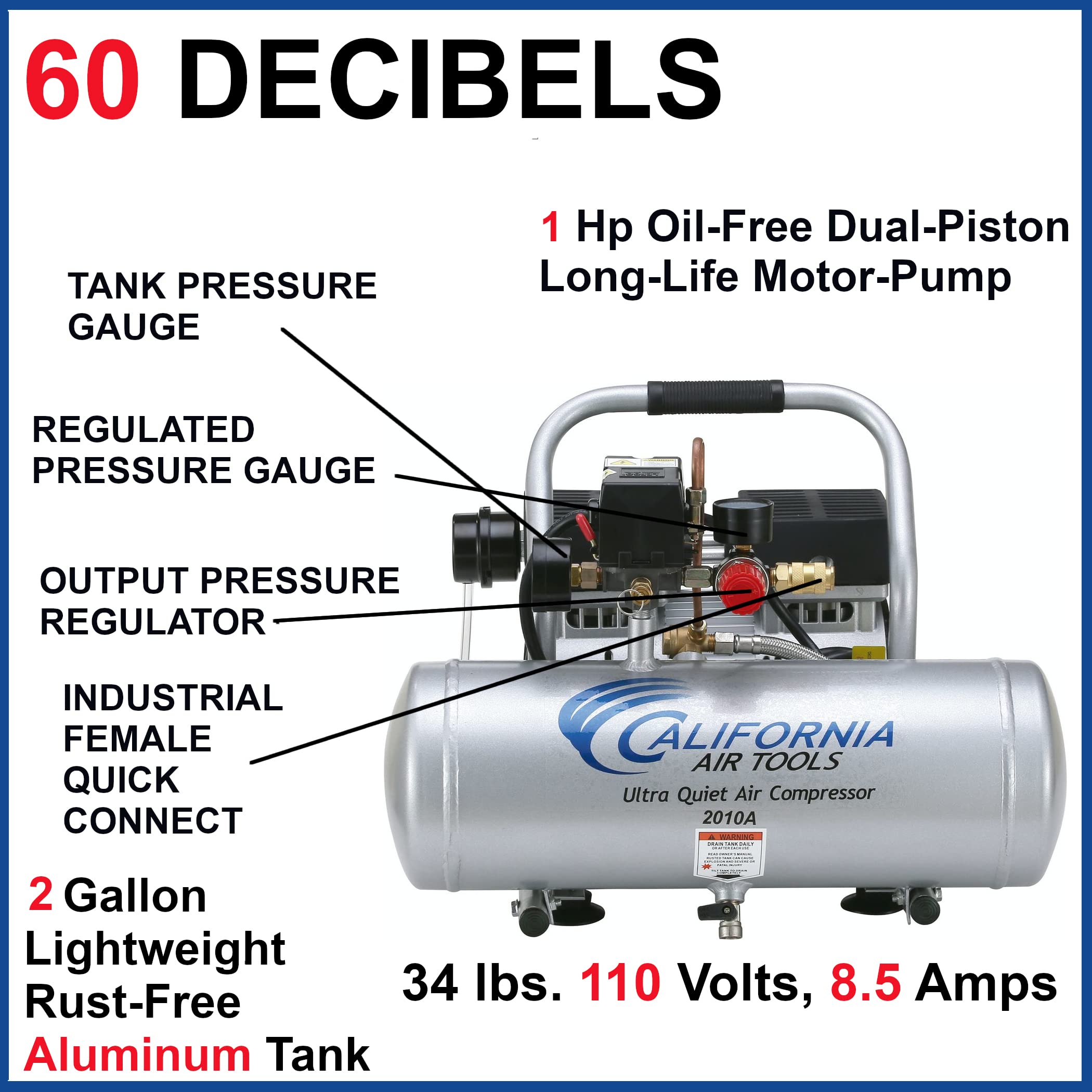 California Air Tools 2010A Ultra Quiet and Oil-Free 1.0 HP 2.0-Gallon Aluminum Tank Air Compressor,Silver