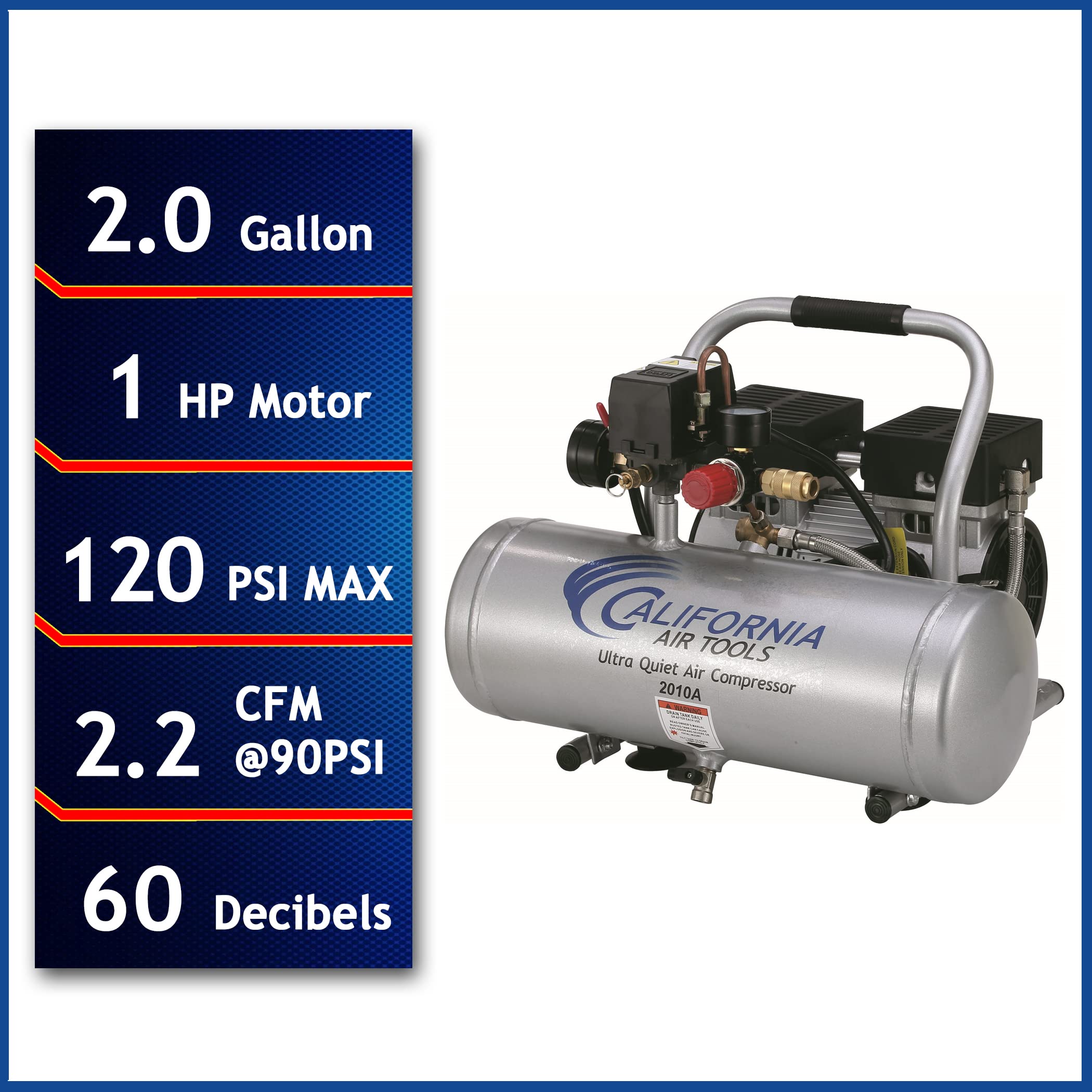 California Air Tools 2010A Ultra Quiet and Oil-Free 1.0 HP 2.0-Gallon Aluminum Tank Air Compressor,Silver