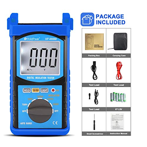 HOLDPEAK Digital Insulation Resistance Tester HP-6688B 100V/250V/500V/1000V/2500V/5000V Voltage Test, 200G Ohms Megohmmeter 2000 Counts Backlight, Auto Ranging, Data Hold (Battery Included)