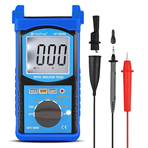 HOLDPEAK Digital Insulation Resistance Tester HP-6688B 100V/250V/500V/1000V/2500V/5000V Voltage Test, 200G Ohms Megohmmeter 2000 Counts Backlight, Auto Ranging, Data Hold (Battery Included)