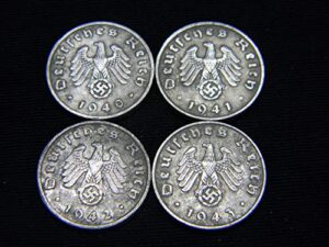 four (4) wwii german reichspfennig coins dated 1940, 1941, 1942 &1943