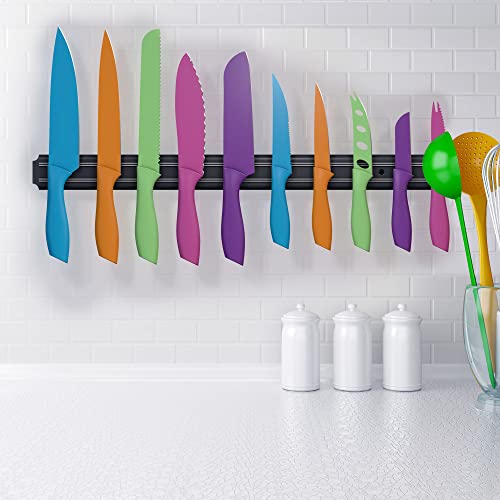 Knife Set with Magnetic Bar, Colorful 10-Piece Stainless Steel Kitchen Tools, Magnet Bar for Storage and Organization - Chef Knives by Classic Cuisine