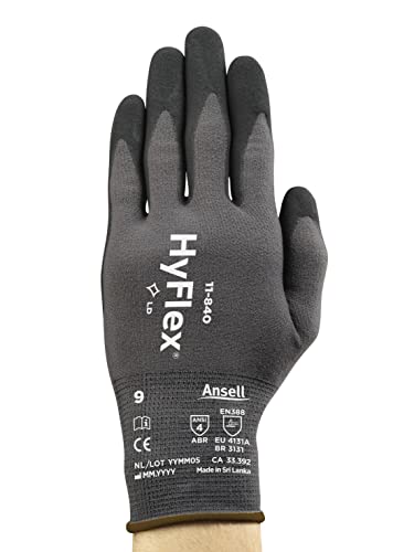 HYFLEX 11-840 Ergonomic Abrasion-Resistant Nylon Spandex Nitrile Coated Industrial Gloves for Automotive, Fabrication - Med (8) Grey (1 Pair)